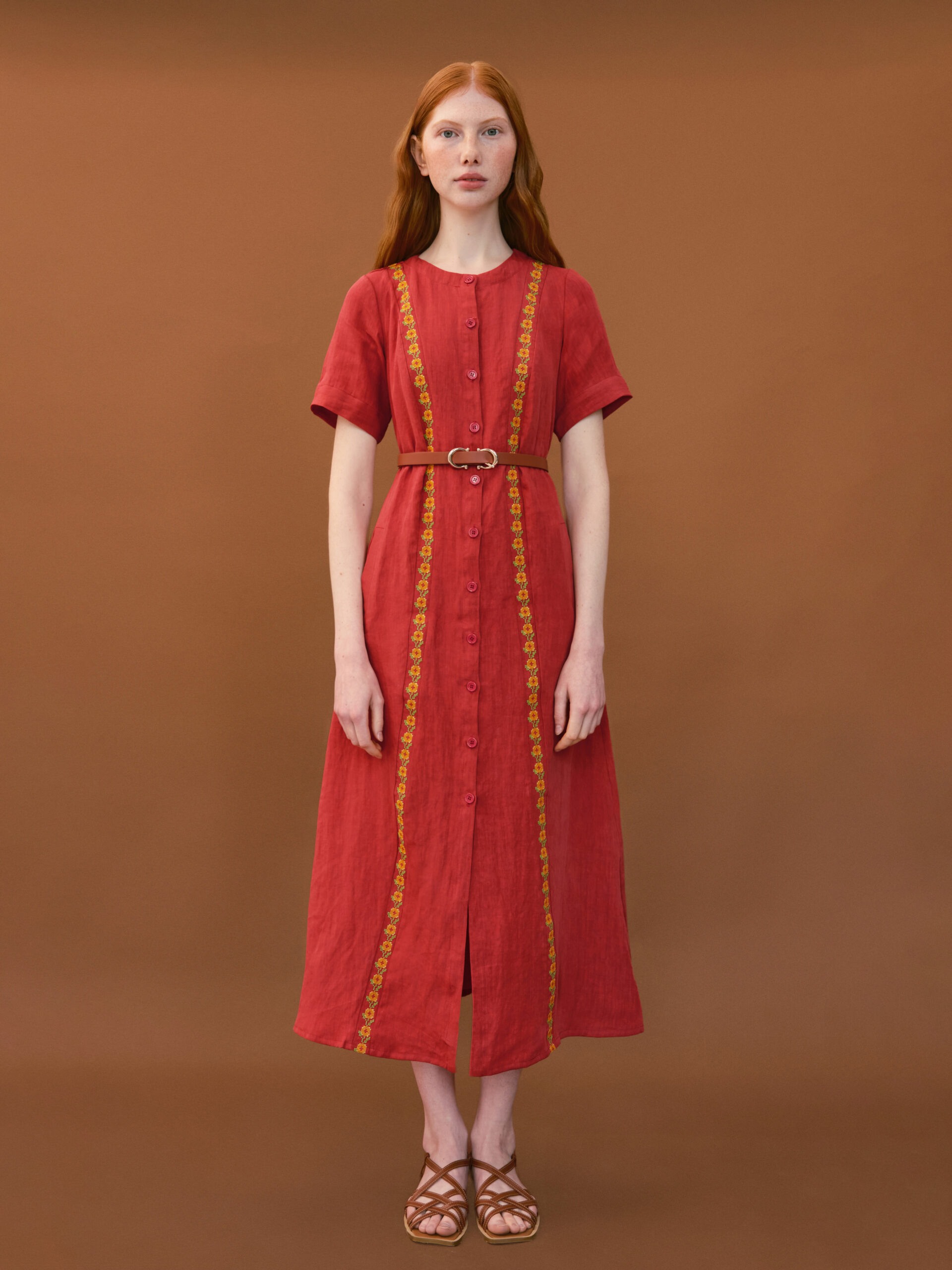 Vyshyta - Floral Coral Red Embroidered Dress